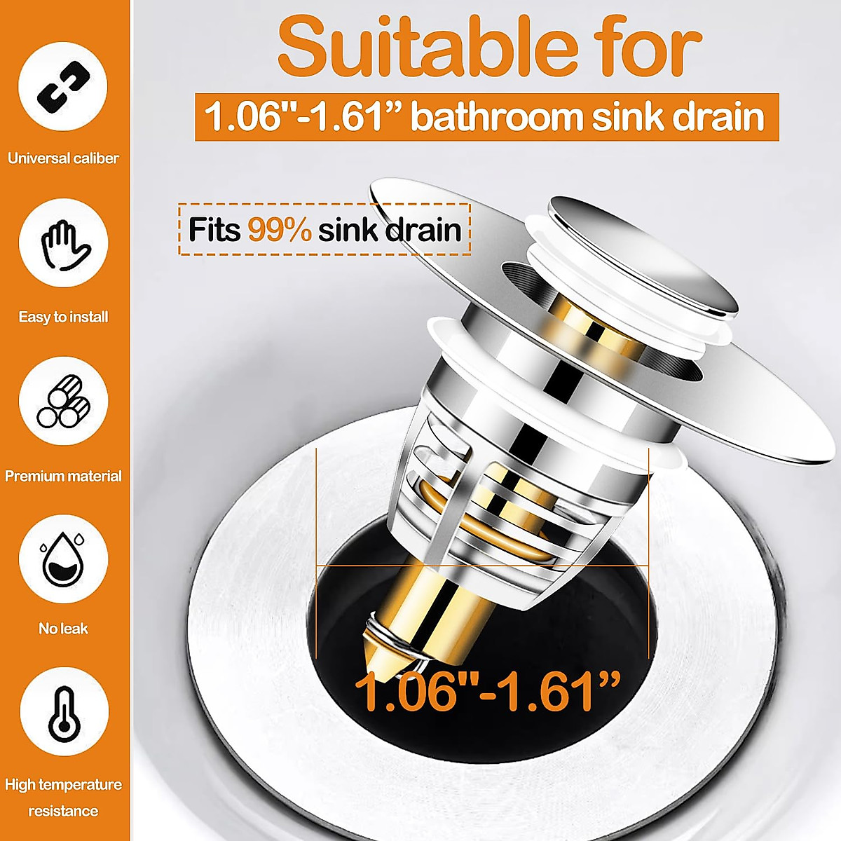 Bathroom Sink Stopper,Hair Drain Catcher,Basin Pop Up Metal Universal Bathroom Strainer Converter,Wash Basin Bounce Drain Stopper Filter,for 1.06"~1.61",Sink Drain Cover,Drain Plug,Sink Plug(1 PCS)