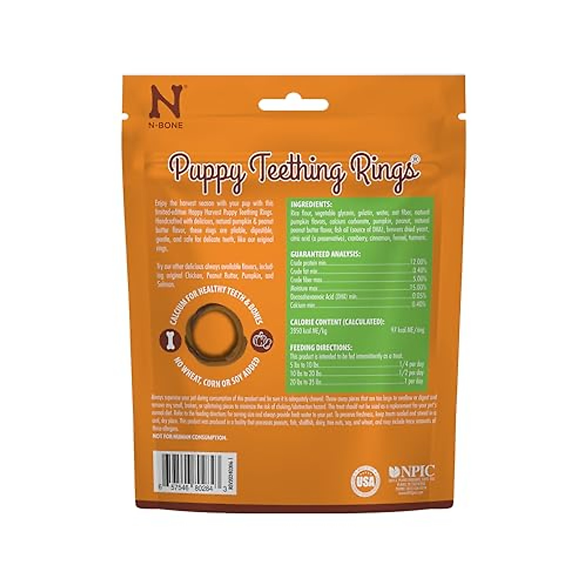 N-Bone Puppy Teething Rings Dental Chews for Dogs Pumpkin Flavor Harvest Version, 6 Counts, 7.2-oz Bag