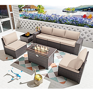ALAULM 7 Pieces Outdoor Patio Furniture Set with Propane Fire Pit Table Patio Sectional Sofa Sets Outdoor Furniture 43" Gas Fire Pit Patio Conversation Set w/Glass Table & 5 Cushions (Sand)