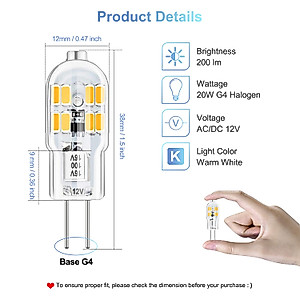 G4 LED Bulb 2W 12V, 20W Halogen JC Bulb Replacement, G4 Bi Pin Bulb, Warm White 3000K 200lm, No Flickering, 10-Pack