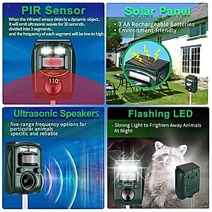 OULAIZ Solar Animal Repeller, 2022 Ultrasonic Mole Repellent, Rat, Squirrel, Deer, Raccoon, Skunk, Rabbit, Mole, Dog, Cat, Waterproof with Motion Detector, USB Rechargeable, Flashing Light