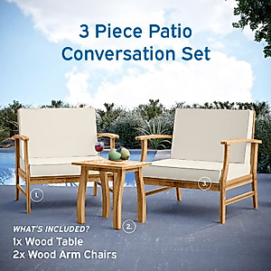 Nestl Small Patio Furniture Set – Patio Bistro Set 3 Piece Outdoor with Patio Chairs, Acacia Wood Balcony Furniture with Outdoor Chairs Set of 2, Natural Wood Patio Chairs with Off White Cushions