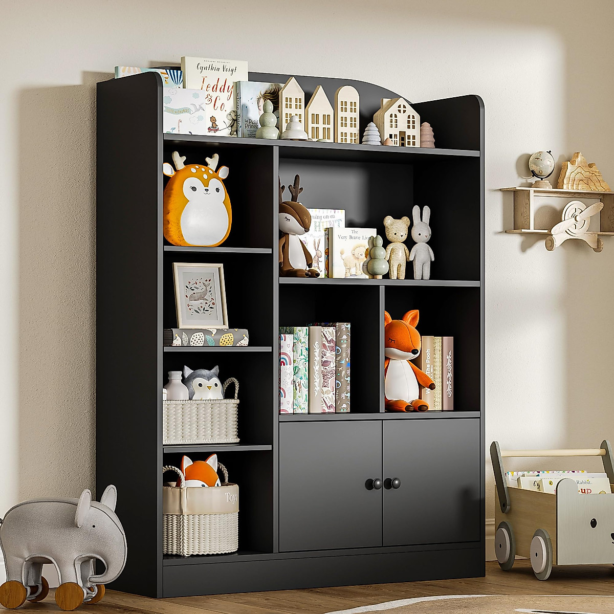 DIYART Black Kids Bookshelf, Kids Bookcase with 7 Cubbies and 2 Cabinets, Freestanding Book Storage Shelves for Bedroom, Playroom, Hallway