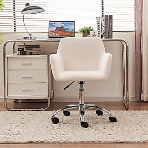 Modern Faux Fur Home Office Chair, Upholstered Faux Fur Makeup Vanity Chair, White Furry Cute Desk Chair with Wheels & Chrome Base, Ergonomic Adjustable Swivel Task Chair for Girls Women Bedroom Study