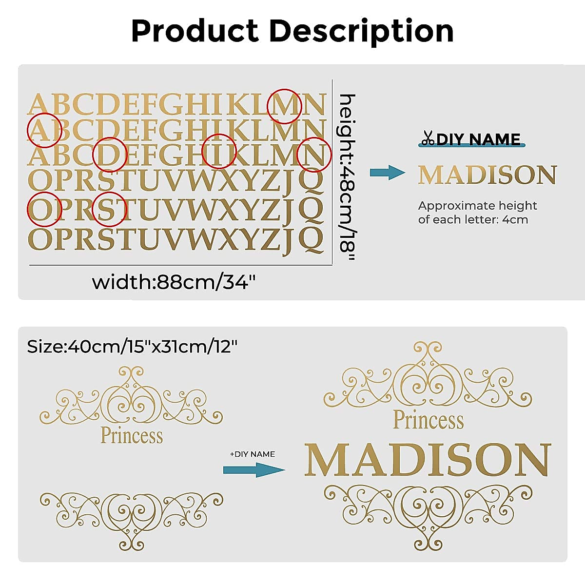 ZIHENG Princess DIY Custom Name Cartoon Wall Decals PVC Mural Art DIY Poster for Living Room Kids Room Girl Room Nursery Bedroom Personalized Names Wall Decal Home Decor