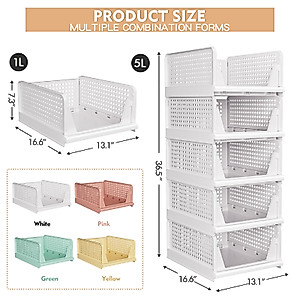 caktraie 5 Pack Folding Closet Organizers Storage Box, Stackable Plastic Storage Basket, Closet Organizers and Storage Drawer Shelf Storage, Storage Container for Cupboard Kitchen Bathroom, White