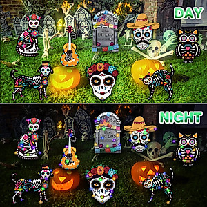 Dia De Los Muertos Yard Decorations - Day of the Dead Yard Sign for Outdoor Decorations, 8Pcs Sugar Skull Skeleton Dog Cat Owl Guitar Lawn Sign with Stakes for Yard,Lawn Halloween Decor