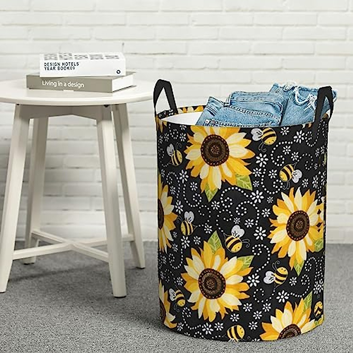 Sunflower Bees Printed Round Laundry Hamper,Collapsible Clothes Hamper Storage With Handle,Canvas Fabric Waterproof Storage Bin