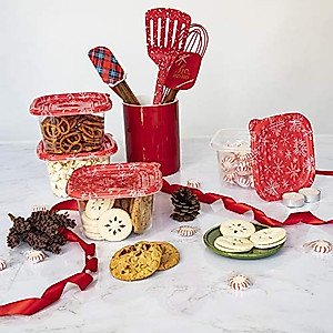 COOK WITH COLOR Containers with Lids - Holiday Plastic Food Storage Containers - Meal Prep Containers -10 Lunch Containers with 10 Lids, Airtight Reusable Containers -33.8 Oz / 1 L (Square Red Snowflakes)