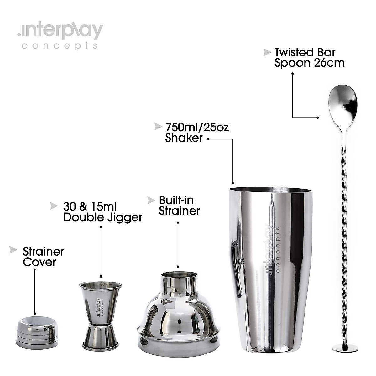 Interplay Concepts 25oz Cocktail Shaker - Large Drink Shaker for Perfect Drinks - Stainless Steel Martini Shaker with Built in Strainer, Jigger & Spoon - Professional Cocktail Shaker Set for Mixing