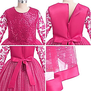 Floral Sequins Lace Princess Pageant 3/4 Sleeve Flower Girl Dress for Kids Junior Bridesmaid Wedding Puffy Party Wear Fall Formal Maxi Dance Evening Ball Gowns for Girls Sequins-Hot Pink 11-12 Years