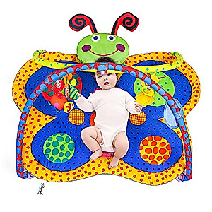 Rivpabo Baby Play Mat, Animal Theme Baby Play Gym with 5 Sensory Toys, Thicker Non-Slip Baby Activity Center for Motor Skill Development, Washable Tummy Time Mat for Infant and Newborn (Beebee)