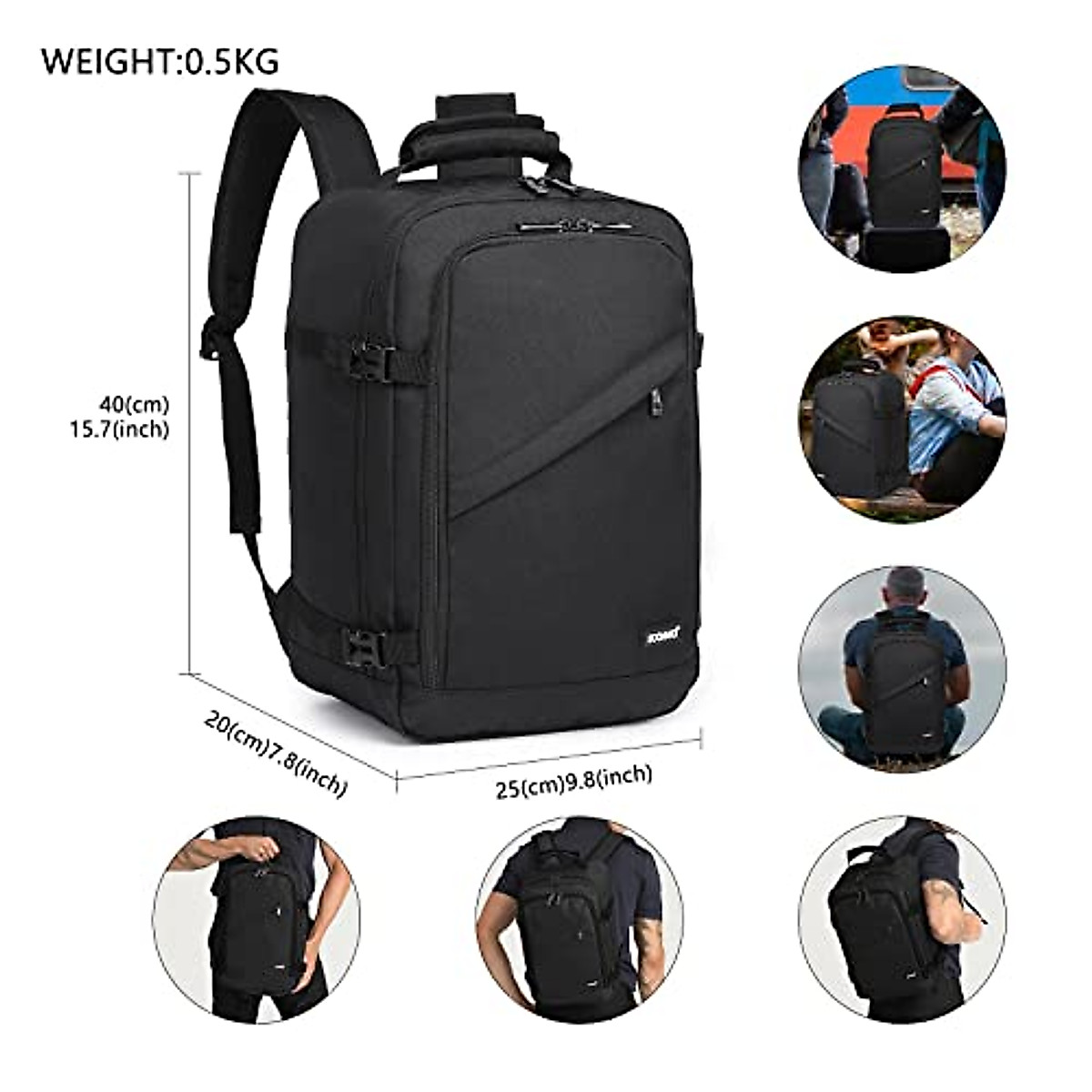 Kono Carry on Backpack, 16" Airplane Approved Under Seat Travel Backpack for Men and Women, Waterproof Lightweight Daypack for Flight 20L, Black