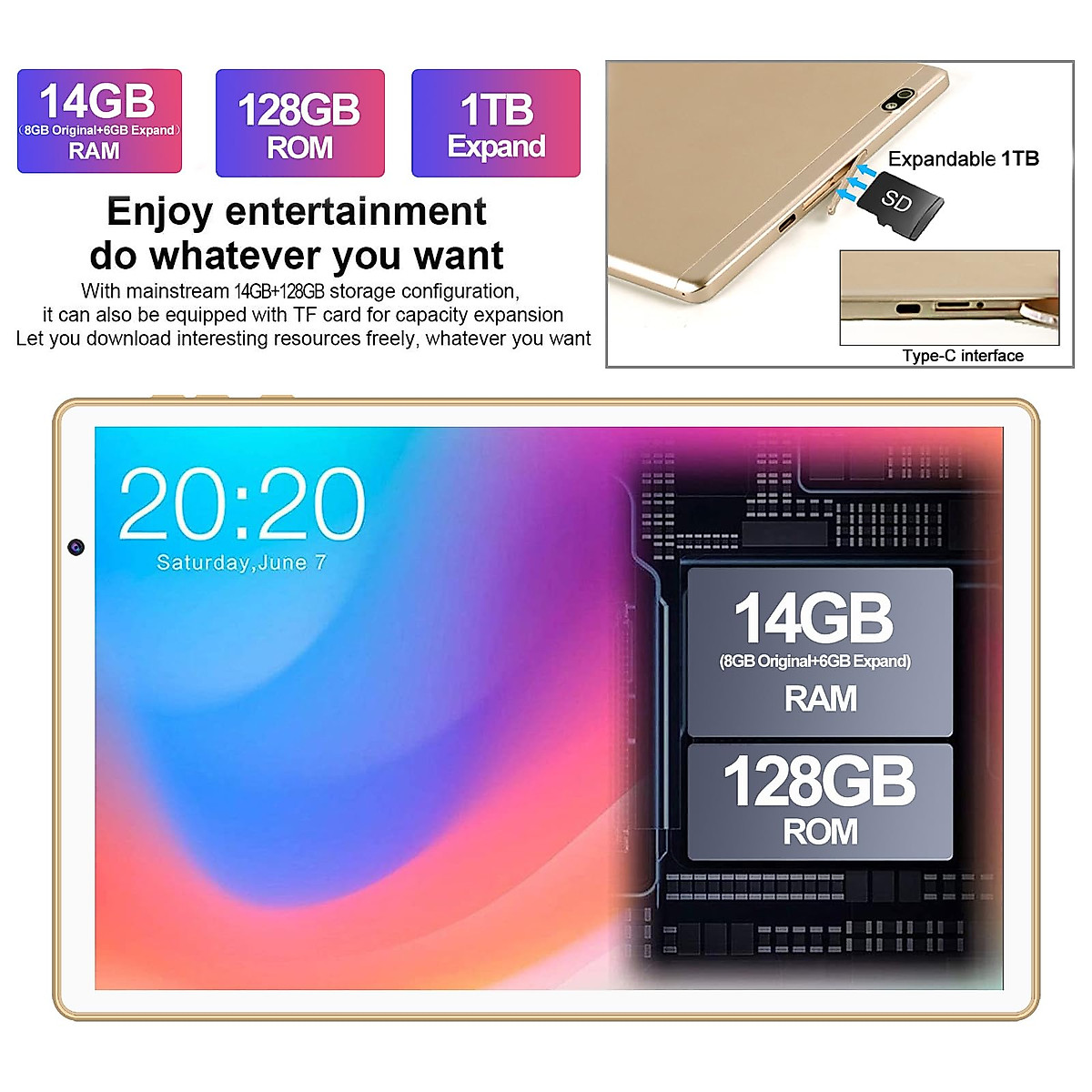 Tablet 10 inch Android 13 Tablets with 14GB RAM 128GB ROM, Octa-Core 2.0 GHz, 8000mAh Battery, 5G WiFi, Bluetooth 5.0, HD IPS Touchscreen, 5+8MP Camera Tablet with Keyboard Mouse Case, Gifts Gold