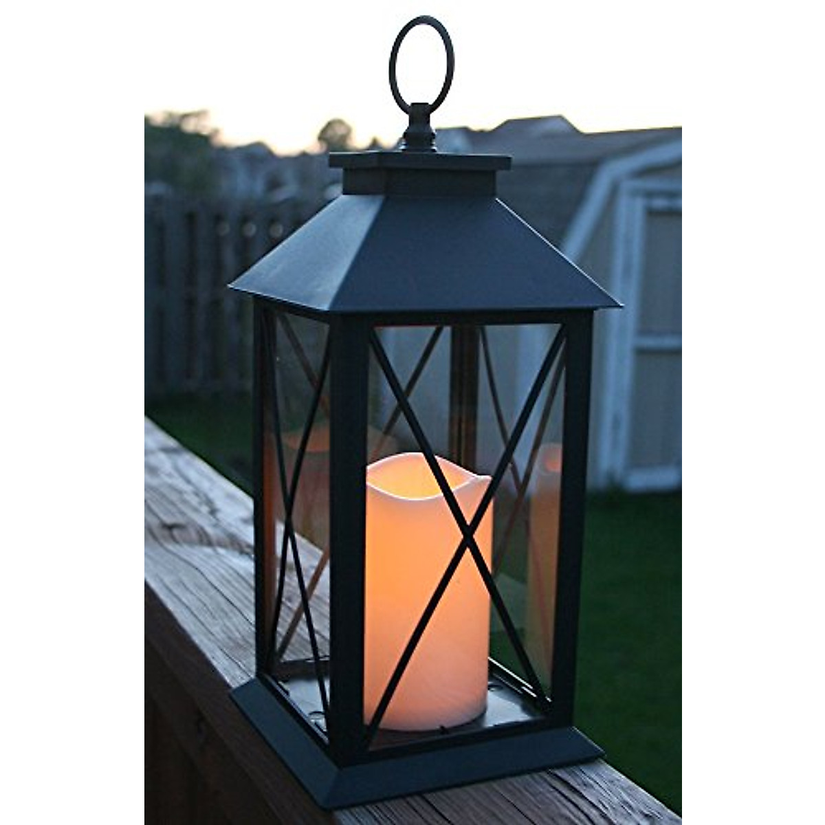Black Decorative LED Lantern with Cross Bar Design - Pillar Candle with 5 Hour Timer Included - Hanging or Sitting Decoration - Set of 2 - 13"H