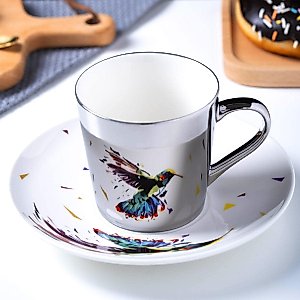 ACGrade Mirror Cup,Mirror Reflection Coffee Mug,Mirror Coffee Cup,Specular Reflection Flower, Ceramic Mug and Saucers Set,with Spoon 250ML, Silver Bird, 17*8CM