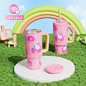 Meoky 24 oz Tumbler with Handle and Straw, 100% Leak-proof Tumbler with Lid and Straw, Insulated Stainless Steel Travel Coffee Mug, Keeps Cold for 24 Hours (Unicorn & Celebration)