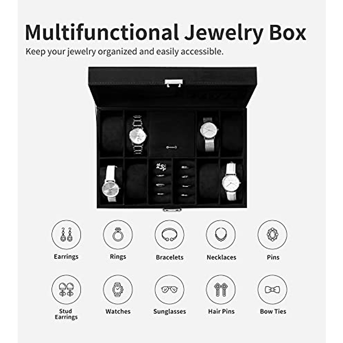 Oyydecor bestwishes Jewelry Box Watch Box Organizer 8-Slot Storage Watch Organizer Case Jewelry Display Case Organizer with Mirror (Black)