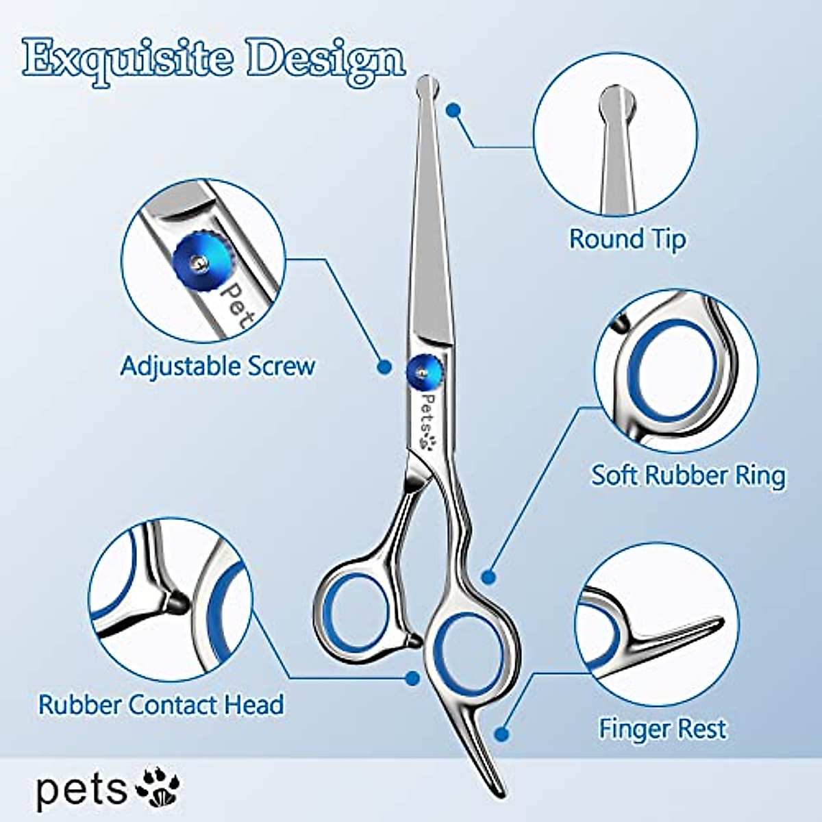 Pets vv Dog Grooming Scissors Kit with Safety Round Tips, Stainless Steel 5 in 1 Dog Grooming Supplies Shears Tools Comb Set, Professional Pet Grooming Scissors Thinning Curved Shears for Dogs & Cats