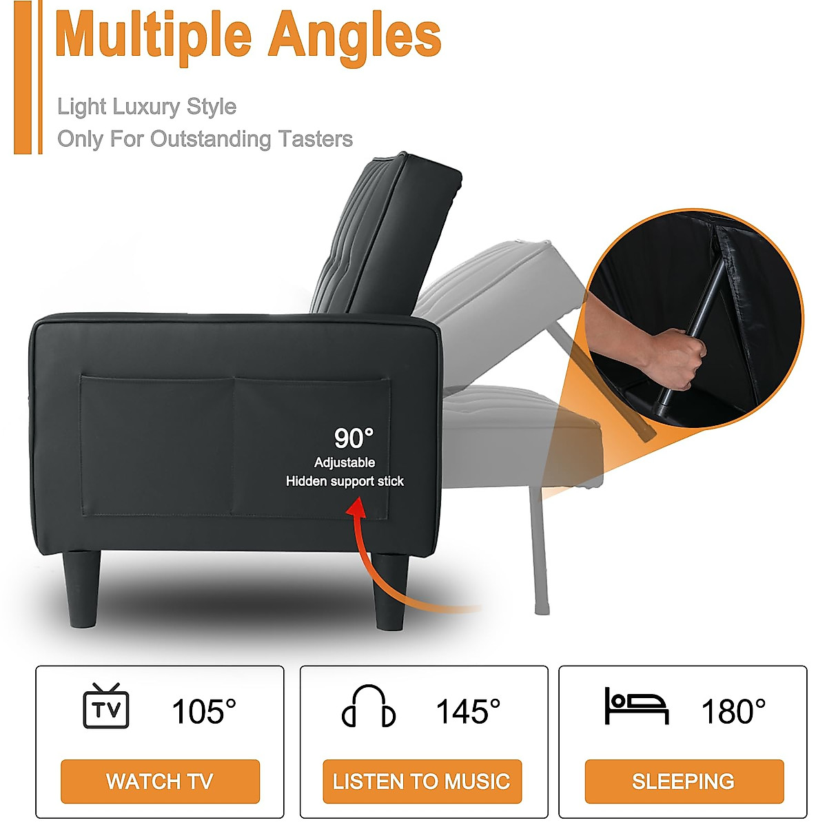 OQQOEE Futon Sofa Bed, Convertible Loveseat Couch with Adjustable Backrest, Faux Leather Upholstered Sleeper Sofa for Living Room & Apartment, Side Pockets, Black (Black, Loveseat)