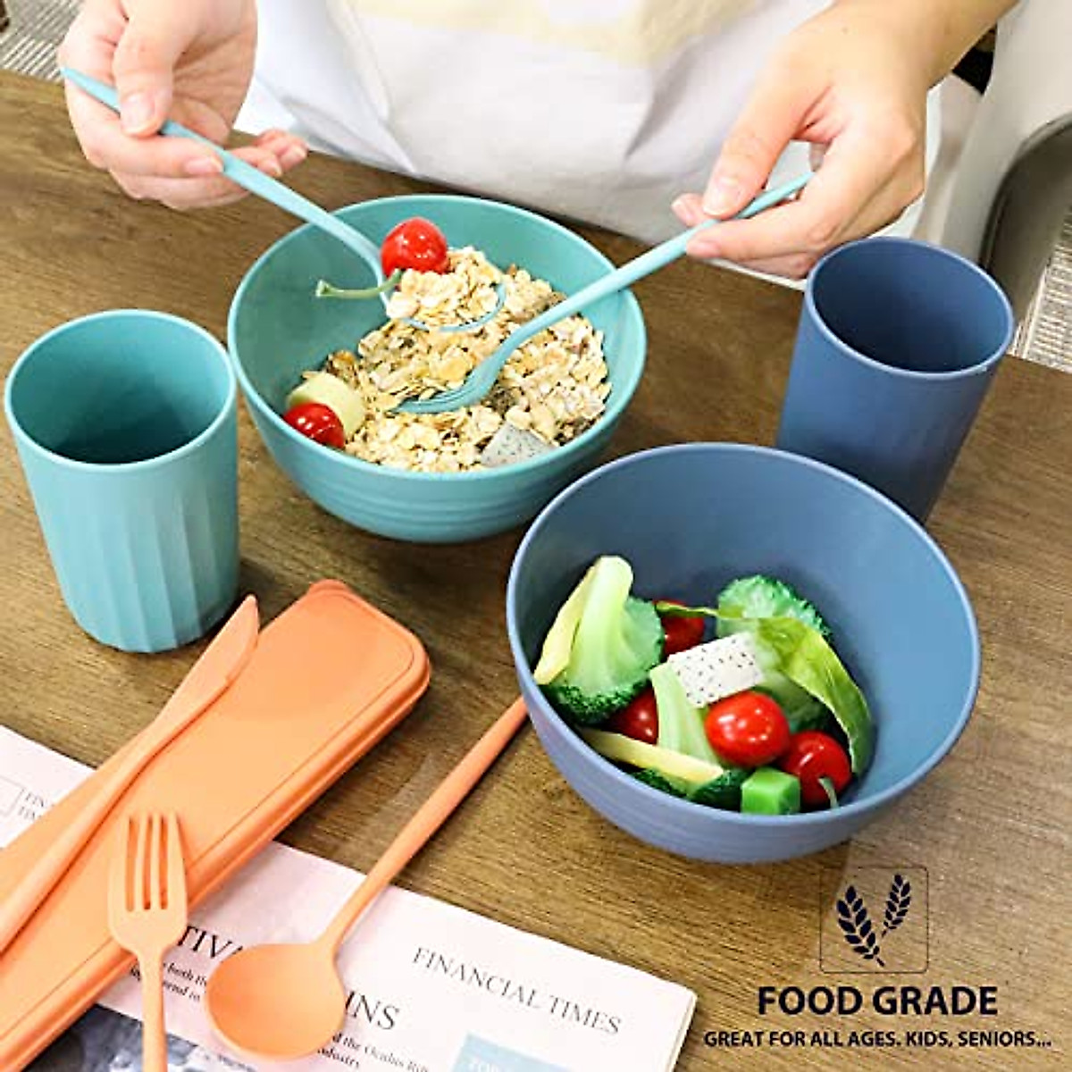 Wheat Straw Dinnerware Sets (28Pcs) POTENTCERA Microwave Dishwasher Safe Unbreakable Dinnerware, Kids Toddler Camping Plates Cups and Bowls Set Picnic Dishes Dorm Dishware Reusable Lightweight