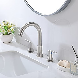 SHACO Brushed Nickel Bathroom Faucet, Bathroom Faucets for Sink 3 Hole, 8 Inch 360° Swivel Spout Widespread Vanity Faucet, 2 Handle Bathroom Sink Faucet with Supply Hoses & Overflow Drain