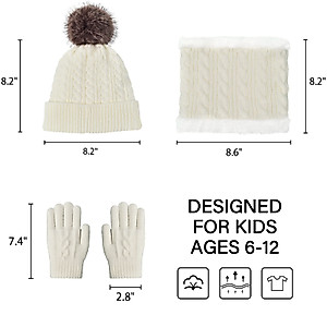 Kids Hat Gloves Scarf Set Girls Boys Winter Warm Knitted Beanie Knit Fleece Lined Neck Warmer Scarves Thick Thermal Cap with Cute Furry Pom White 3Pcs Cold Weather Snow Accessories for Children Child