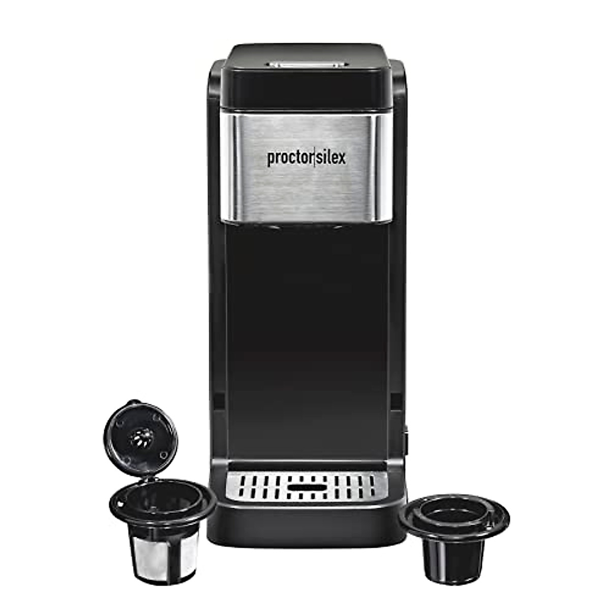 Proctor Silex Single-Serve Coffee Maker Compatible with Pod Packs and Grounds, 40 oz. Reservoir Makes Four 10 oz. Cups Without Refilling, Black & Stainless Steel (49919)