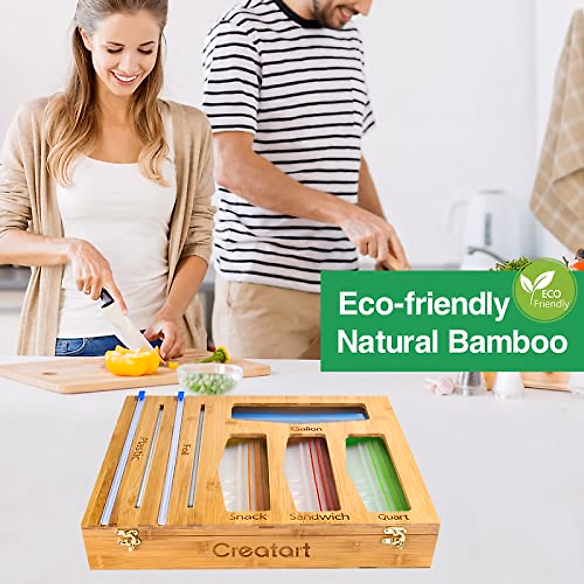 Creatart Bamboo Foil and Plastic Wrap Dispenser with Cutter 6 in 1 Ziplock Bag Storage Organizer for Drawer 12" Food Storage Bag Organizer for Gallon, Quart, Sandwich and Snack