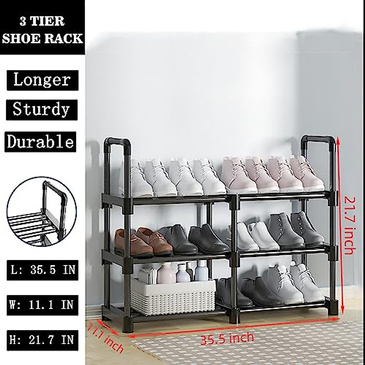 RightTech 3-Tier Shoe Rack, 90CM Long Adjustable & Stackable Metal Shoe Shelf Storage Organizer, Heavy Duty Metal Free Standing Shoe Rack for Entryway Closet Doorway, Black