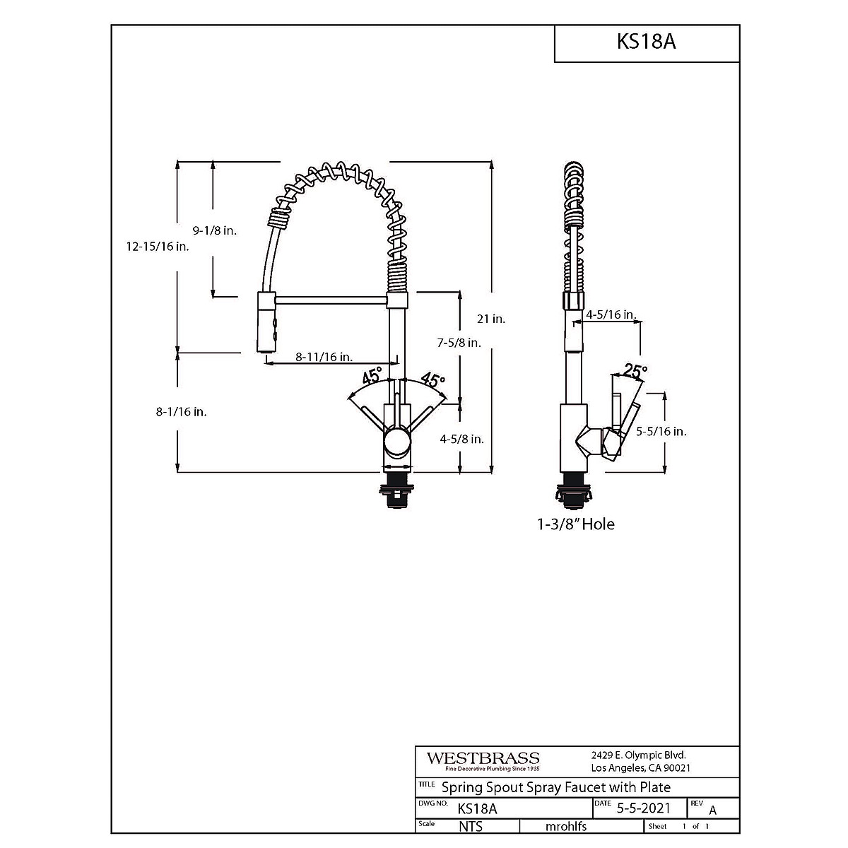 Westbrass KS18A-26 21" Commercial Kitchen Faucet with Dual Function Open Coil Pull Down Sprayer and 1-Lever Handle, Polished Chrome