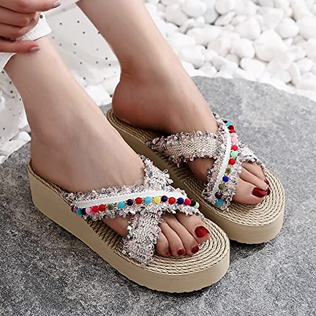 Beads Fashion Lacework Women's Shoes Heel Colorful Beach Shoes Slope Slippers Women Indoor Slippers Size 7