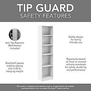 Bush Furniture Universal 17W Narrow 5 Shelf Bookcase in White, Tall Skinny Bookshelf for Home Office Storage or Living Room Organization