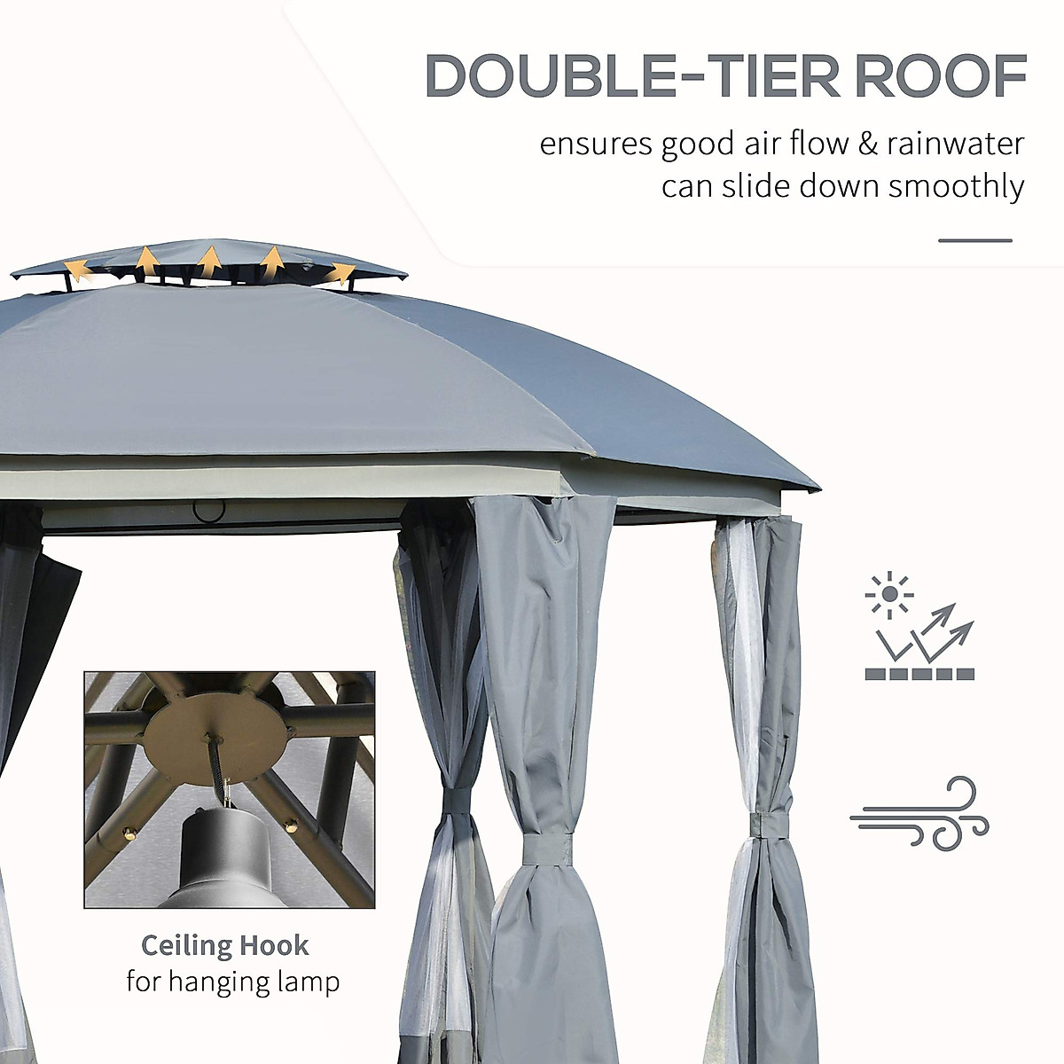 Outsunny 12' x 12' Round Outdoor Gazebo, Patio Dome Gazebo Canopy Shelter with Double Roof, Netting Sidewalls and Curtains, Zippered Doors, Strong Steel Frame, Grey