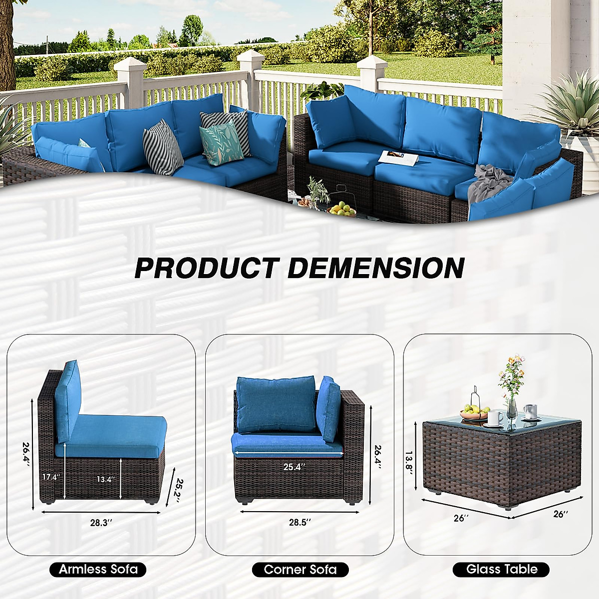 gaildon Patio Furniture Set 7 Piece Outdoor Wicker Sectional Sofa - All Weather PE Rattan Couch Conversation Set with Cushion & Glass Top Table for Backyard Deck Porch, Blue