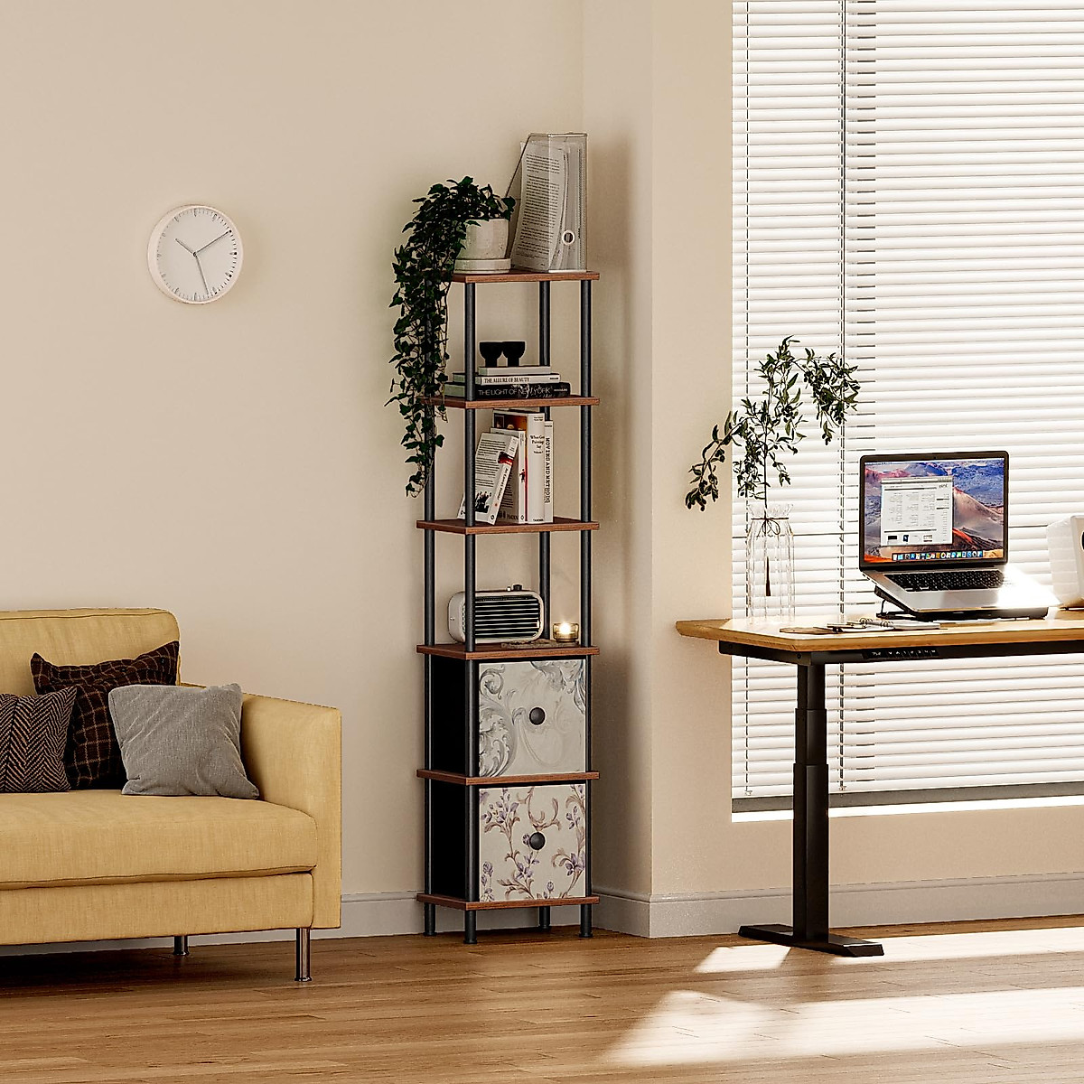 Sunghome Bookshelf, 6-Tier Bookcase with 2 Drawer, Narrow Bookshelves for Bedroom, Living Room, Free Standing Book Shelf Storage Organizer for Books, CDs, Rustic Brown