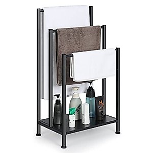 Free Standing Towel Rack, 3 Tier Metal Towel Racks Stand with Modern Black Wooden Storage Shelf, Multipurpose Hand Towel Drying Holder Stand for Bath & Blanket, Washcloths, Tub or Shower Organizer