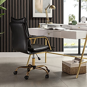 HULALA HOME Faux Leather Home Office Desk Chair, Adjustable Swivel Computer Chair with Golden Legs and Arms, Comfy Upholstered Task Chair, Black