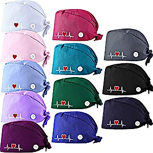 12 Pieces Bouffant Nursing Scrub Surgical Cap Adjustable Button Hats Sweatband Gourd Shaped Hats for Women Men, 12 Colors Multicoloured