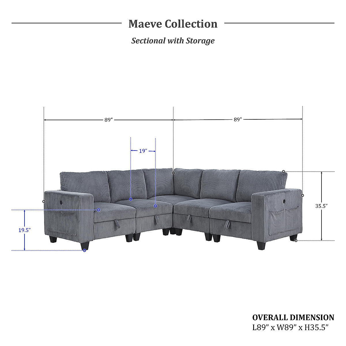 Lexicon Modular Sectional Sofa for Living Room, Corduroy Sofa Couch with Storage Pouches, and Charging Port, Customizable Sectional Sofa Couch for Living Room Furniture, 5 Seater L-Shaped Couch, Grey