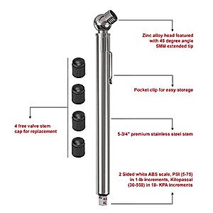 2 Pack - Pencil Tire High Pressure Gauge (10PSI-75PSI) Heavy Duty Stainless Steel Body and All Metal Made Nozzle with 4 Replacement Tire Caps