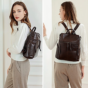 Iswee Genuine Leather Vintage Casual Daypack Backpacks Travel Essentials Anti-theft Work Fashion Backpack Purse for Women (Coffee)