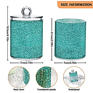 MCHIVER Teal Green Turquoise Glitter Bathroom Canisters Organizer 2 Pack Clear Plastic Jars with Lids 10 Oz Makeup Organizer for Cotton Ball Swab Round Pads Floss