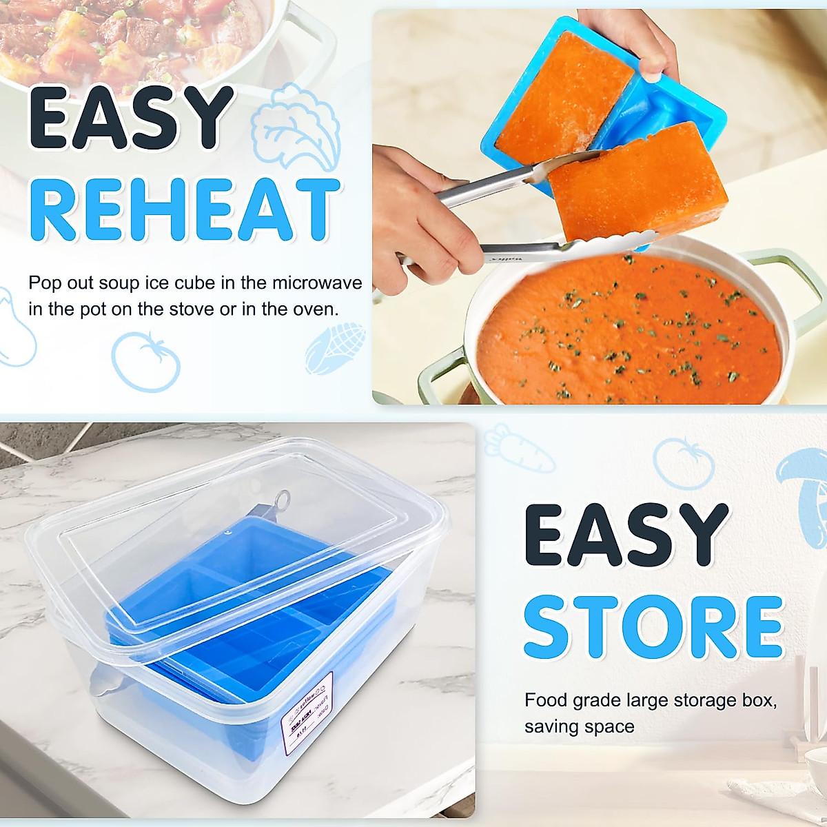 Walfos 1 Cup Silicone Freezer Tray with Lid,Soup Freezer Molds 4 Packs,Bin and Tongs,BPA Free Silicone Freezing Container,Perfect For Storing and Freezing Soup,Broth,Sauce,with 12 Removable Labels