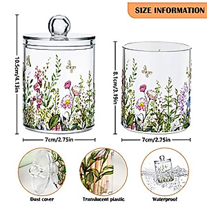 xigua 2 Pack Flowers Pattern Apothecary Jars with Lid, Qtip Holder Storage Jars for Cotton Ball, Cotton Swab, Cotton Round Pads, Clear Plastic Canisters for Bathroom Vanity Organization (10 Oz)