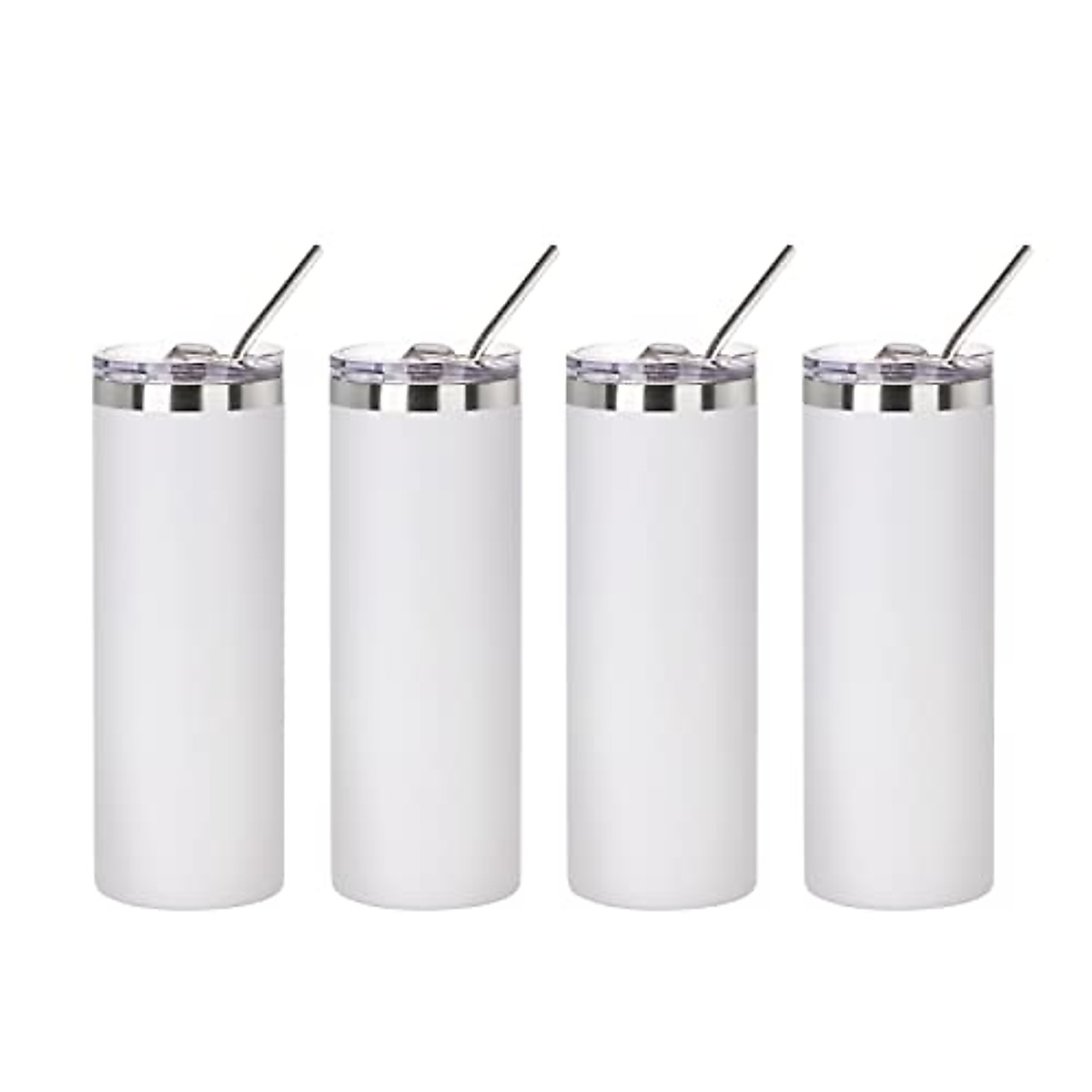 PYD Life Sublimation Blanks Tumbler Skinny Straight Matte White Powder Coating 20 OZ Coffee Stainless Steel Tumbler Cups with Lid and Metal Straw for Tumbler Heat Press 4 Pack