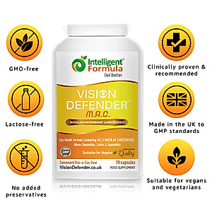 Lutein, Zeaxanthin & Meso-Zeaxanthin Eye Supplement: VISION DEFENDER MAC Vegan/Vegetarian Antioxidant Carotenoids for Eyes (90 Capsules/One-A-Day) Made in UK