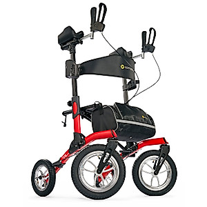 Comodità Tipo Stand Up Advance All Terrain Upright Rollator Walker with Seat and Pneumatic Tires, 4 Wheel Folding Rolling Walker for Adults and Seniors with Cup and Cane Holder, Modena Red