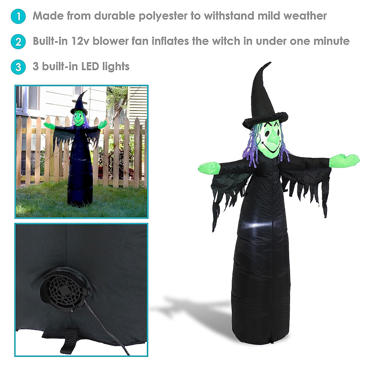 Sunnydaze 5' Wendolyn The Wicked Witch Inflatable Outdoor Halloween Decoration - Built-in Fan Blower and 2 LED Lights