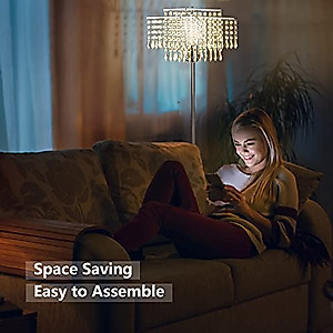 Mlambert Double-Layer Modern Lampshade Crystal Floor Lamp for Bedroom for Livingroom,Elegant Standing Lamp,61.57" Tall Pole Lamp,Suitable for Bedroom,Livingroom,6W LED Bulb Included,Silver